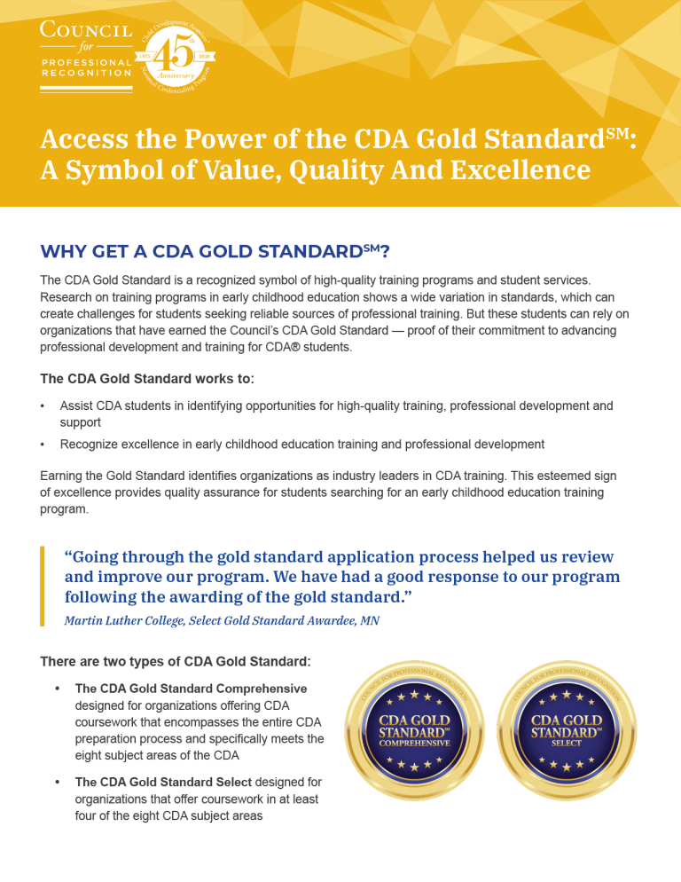 CDA Gold StandardSM Fact Sheet - CDA Council
