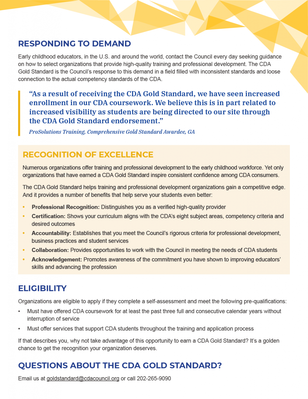 CDA Gold StandardSM Fact Sheet - CDA Council