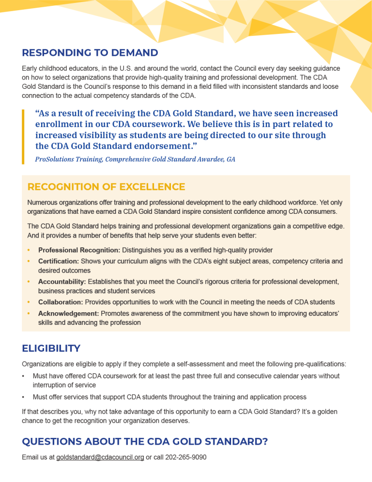 CDA Gold StandardSM Fact Sheet - CDA Council